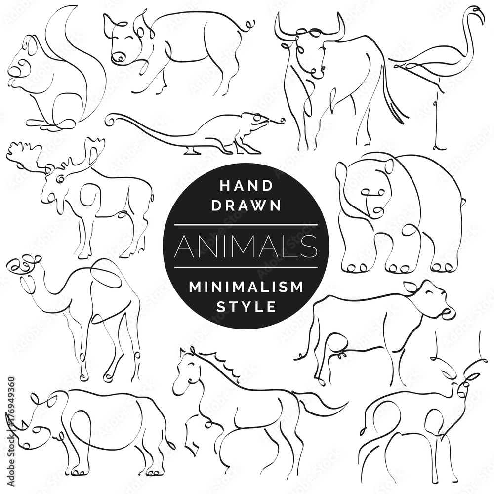 Set of animals in hand drawn minimalism style. Continuous line drawing ...