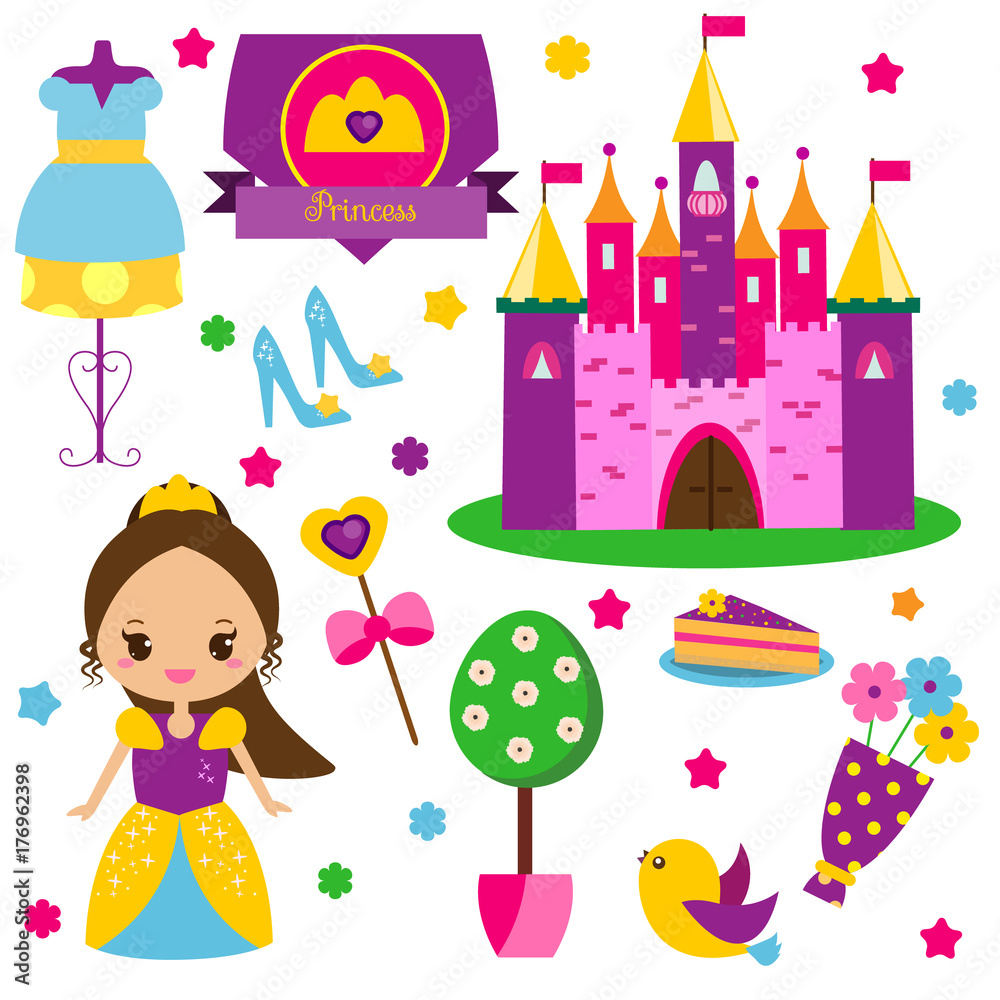Princess kit. Stickers, clip art for girls. Castle, dress, shoes and ...