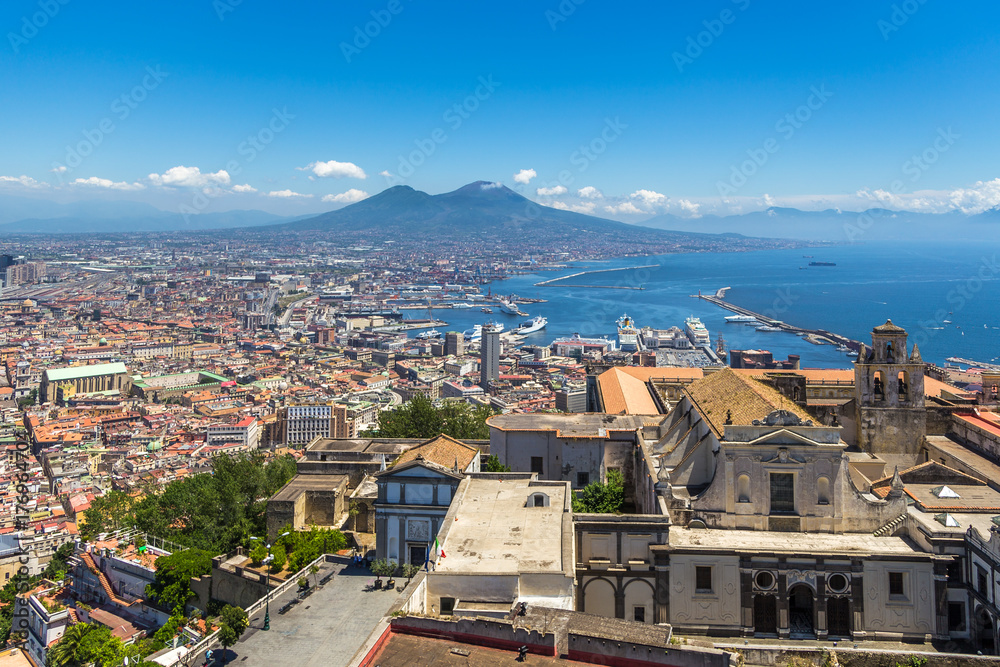 Panorama of historic Naples and volcano Vesuvius from the Castle Sant ...