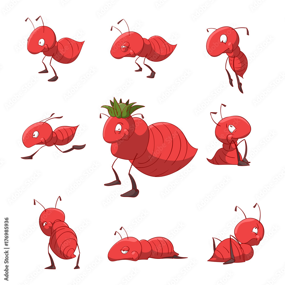 Collection of colorful vector cartoon ants. Queen and workers. Stock ...