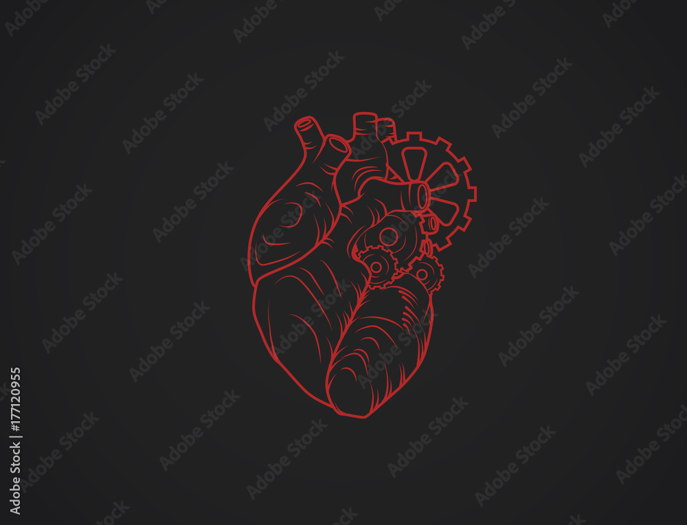 Human mechanical heart sketch. Anatomical heart illustration with ...