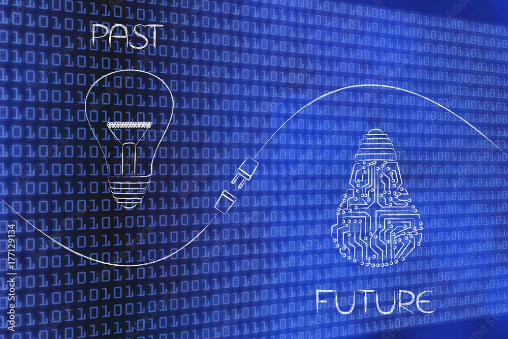 past and future with normal and circuit lightbulbs and plug in between ...