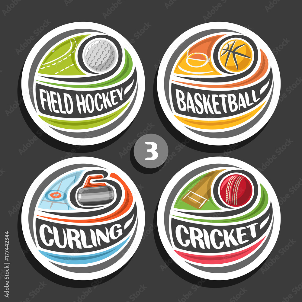 Vector set of sport logos, 4 round simple badges with flying ball on ...
