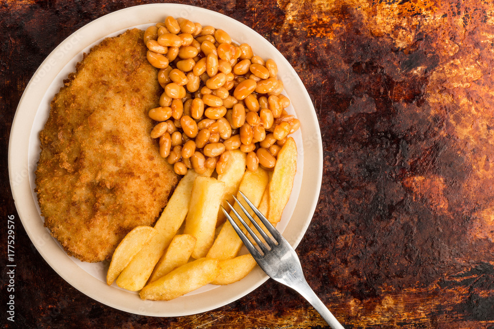 Breaded Chicken Fillet And Baked Beans With Chunky Chips Stock Photo ...
