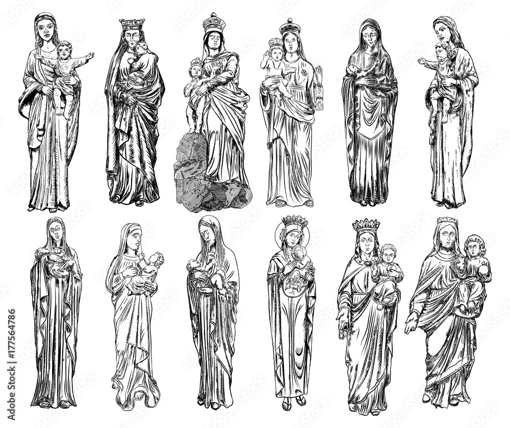 Set of Virgin Mary or Saint Mary or Mother of God with baby Jesus ...