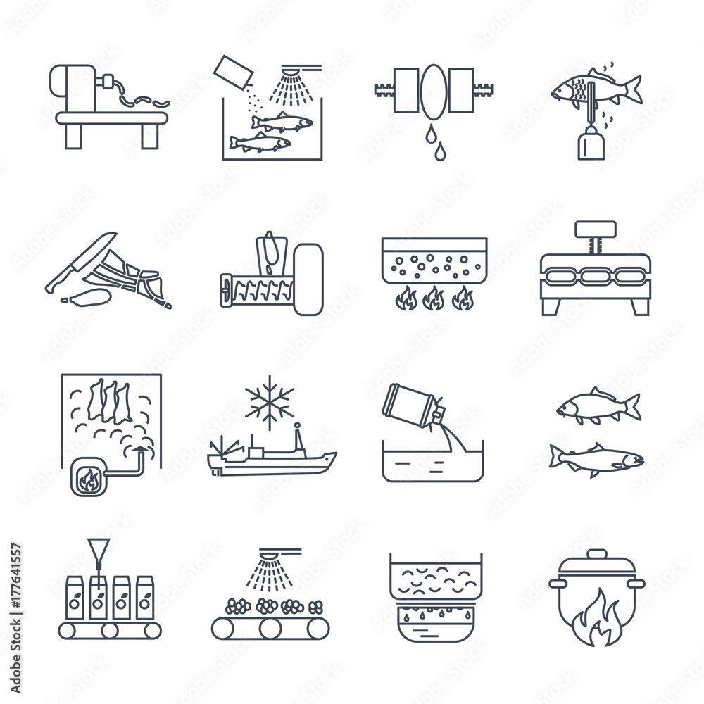 set of thin line icons food, meal production process, fish, meat Stock ...