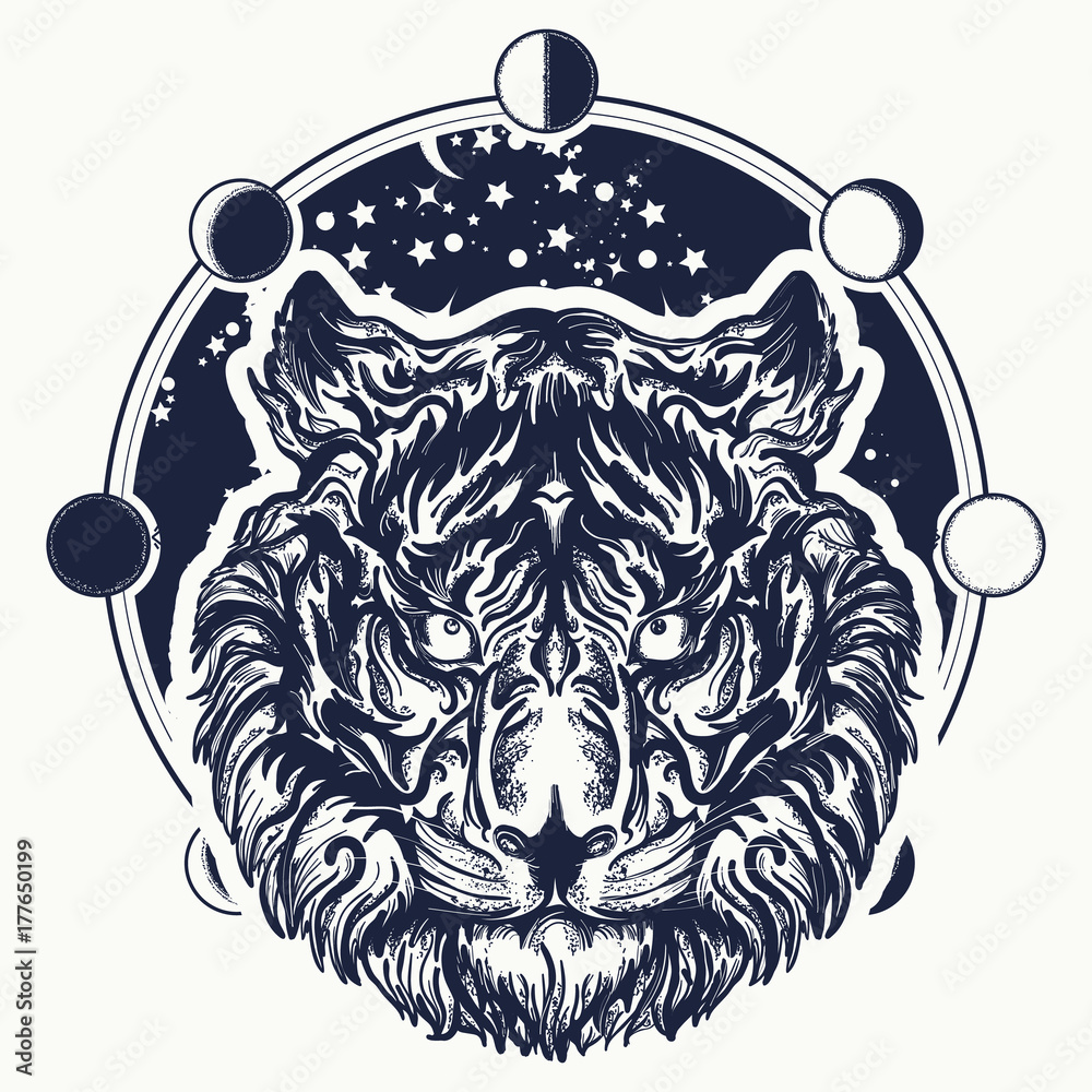 Tiger tattoo. Tiger portrait against background of universe. Symbol of ...