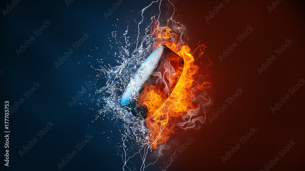 Ice hockey puck exploding by elements fire and water. Background for ...