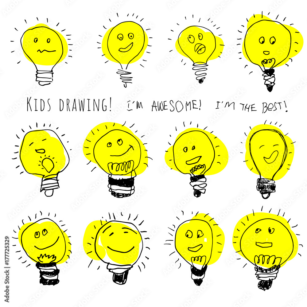 Set of bulb icons, stylized kids drawing. Children drawing of lamps ...