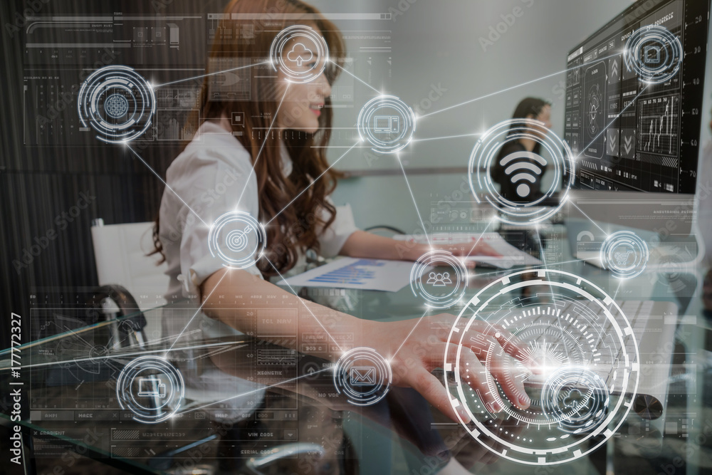 technology digital virtual screen and Wireless communication connecting ...