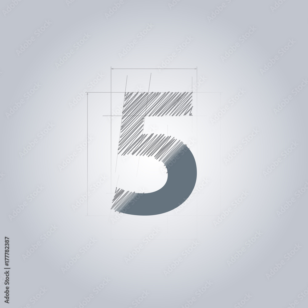 Sign Number five. Logotype architectural design. Grey color. Blueprint ...