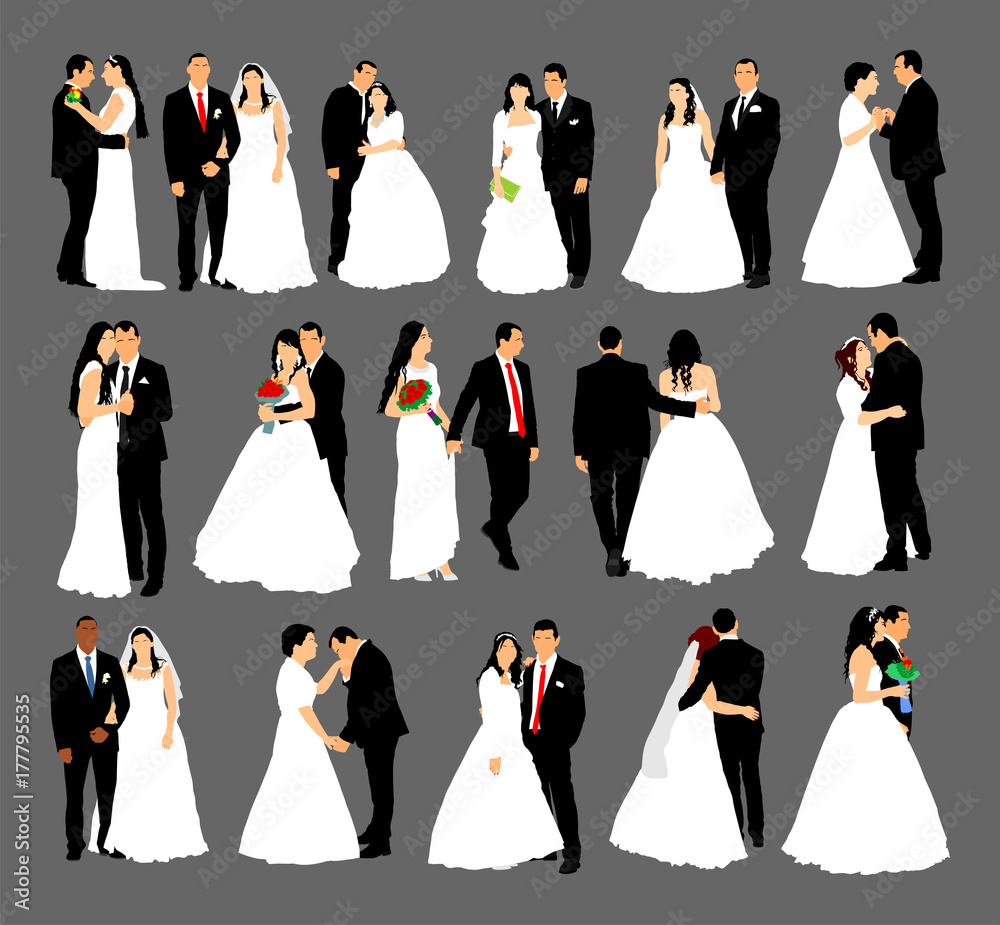 Groom and bride wedding day, in dress and suit vector illustration ...