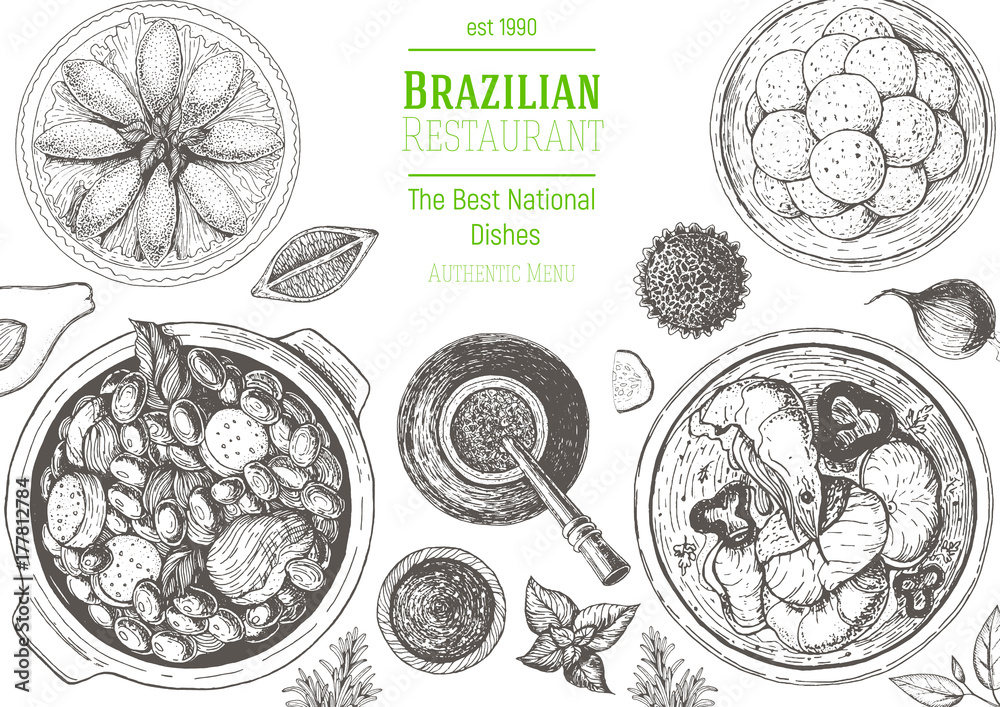Brazilian cuisine top view frame. Brazilian food menu design. Vintage ...
