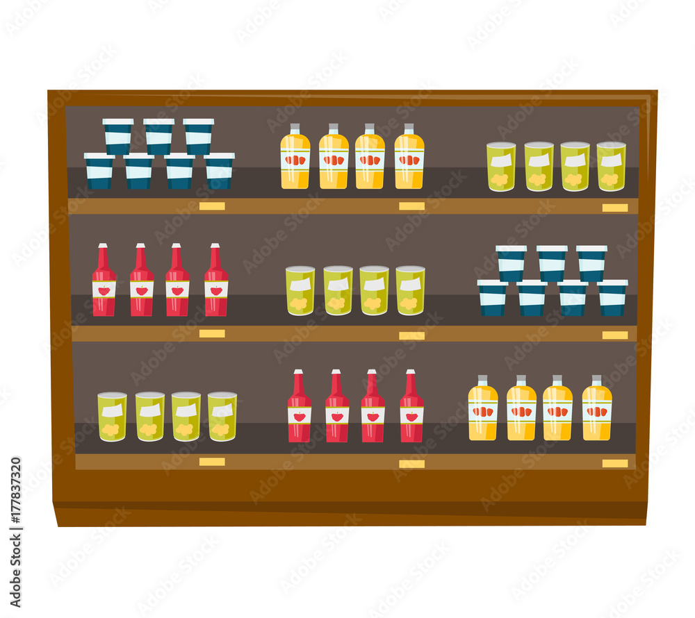 Shelves of grocery store with various products vector cartoon ...
