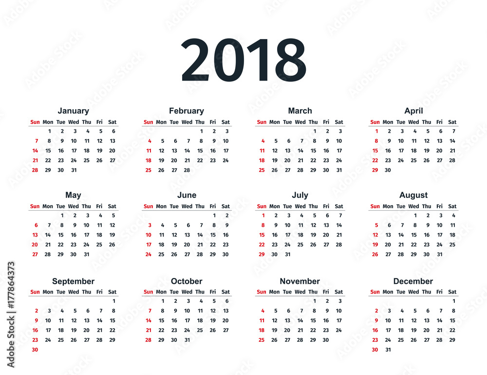 Calendar 2018 in simple style. Week starts Sunday. Vector. Stationery ...