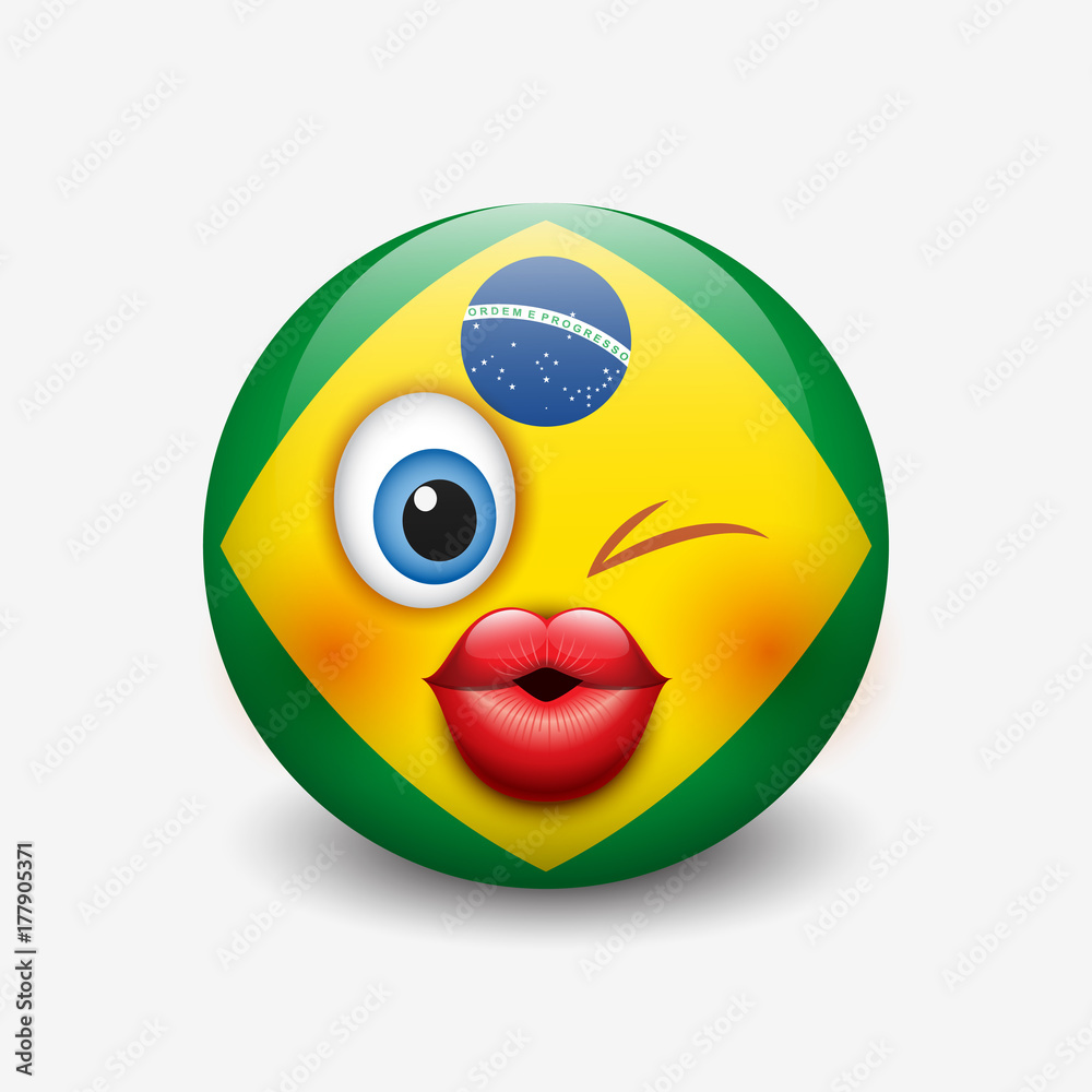 Cute kissing emoticon isolated on white background with Brazil flag ...