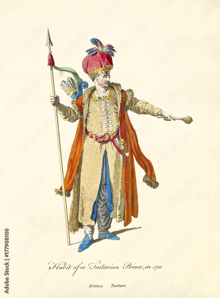 Tartarian Prince in traditional dresses in 1700. Long orange coat, red ...