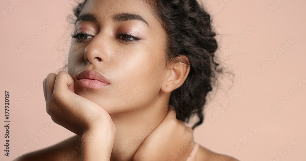 Close up video of a happy and relaxed young woman with perfect olive ...