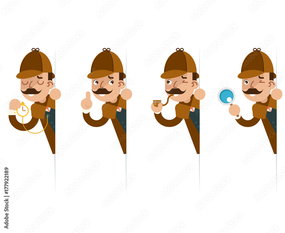 Detective with magnifying glass peeking out of the corner cartoon flat ...