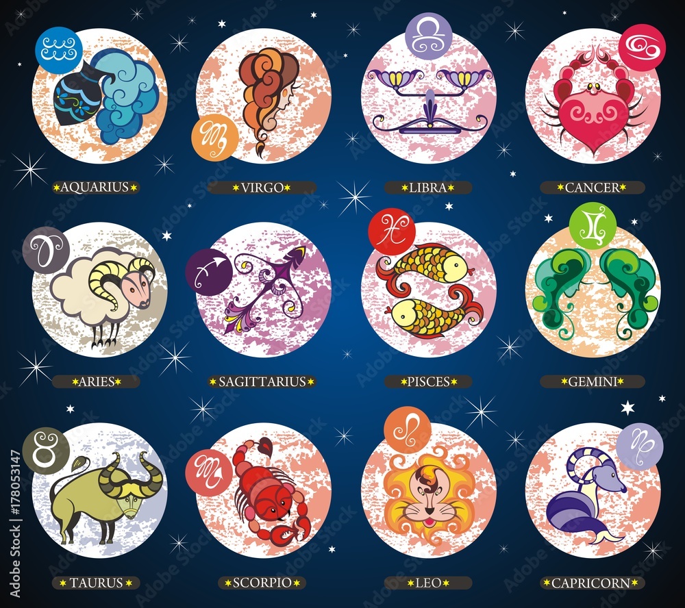 Set illustration with cartoon zodiac signs Stock Vector | Adobe Stock