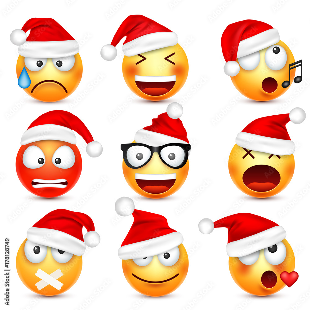 Smiley,emoticon set. Yellow face with emotions and Christmas hat. New ...