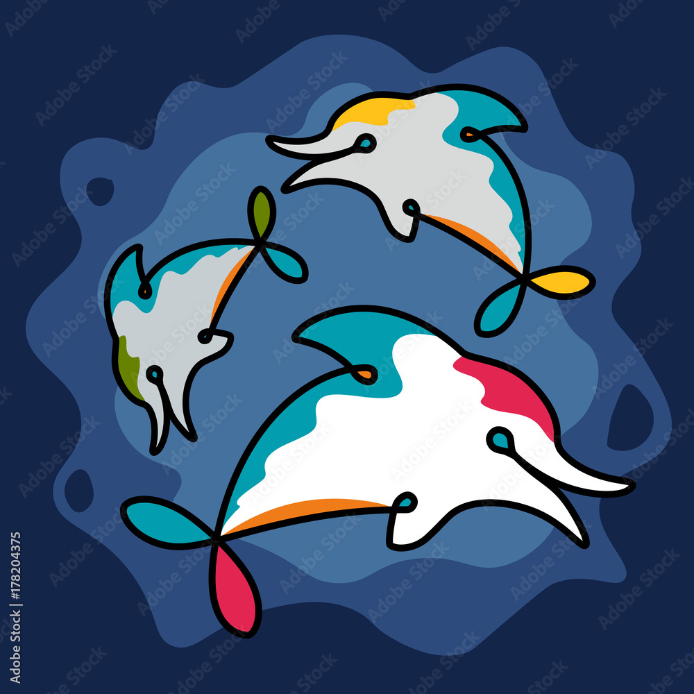 Pod of Abstract Comic Cartoon Hand Drawn Dolphins in the Wildlife Sea ...