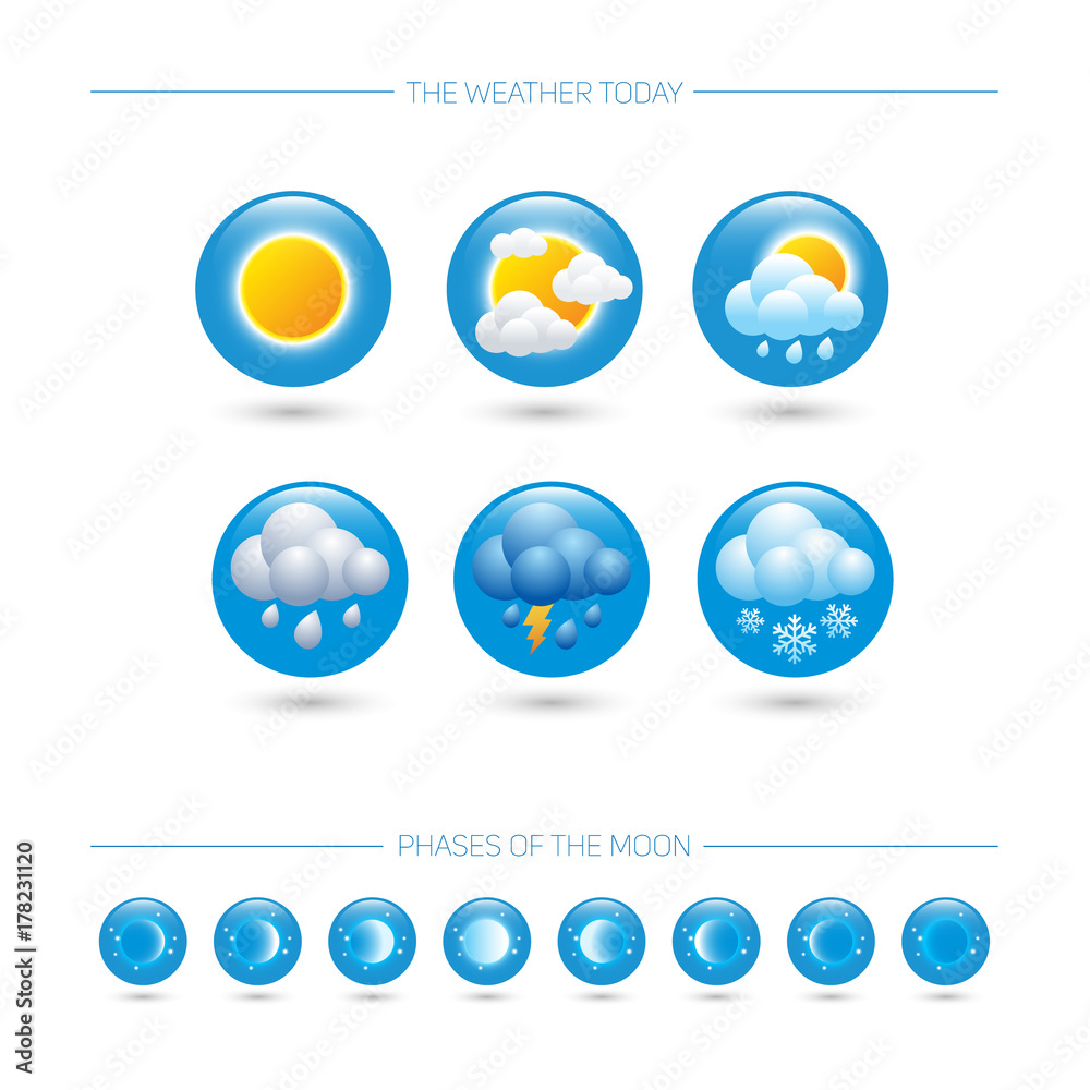 Weather icons. Weather emblem. Round icons with weather symbols and ...