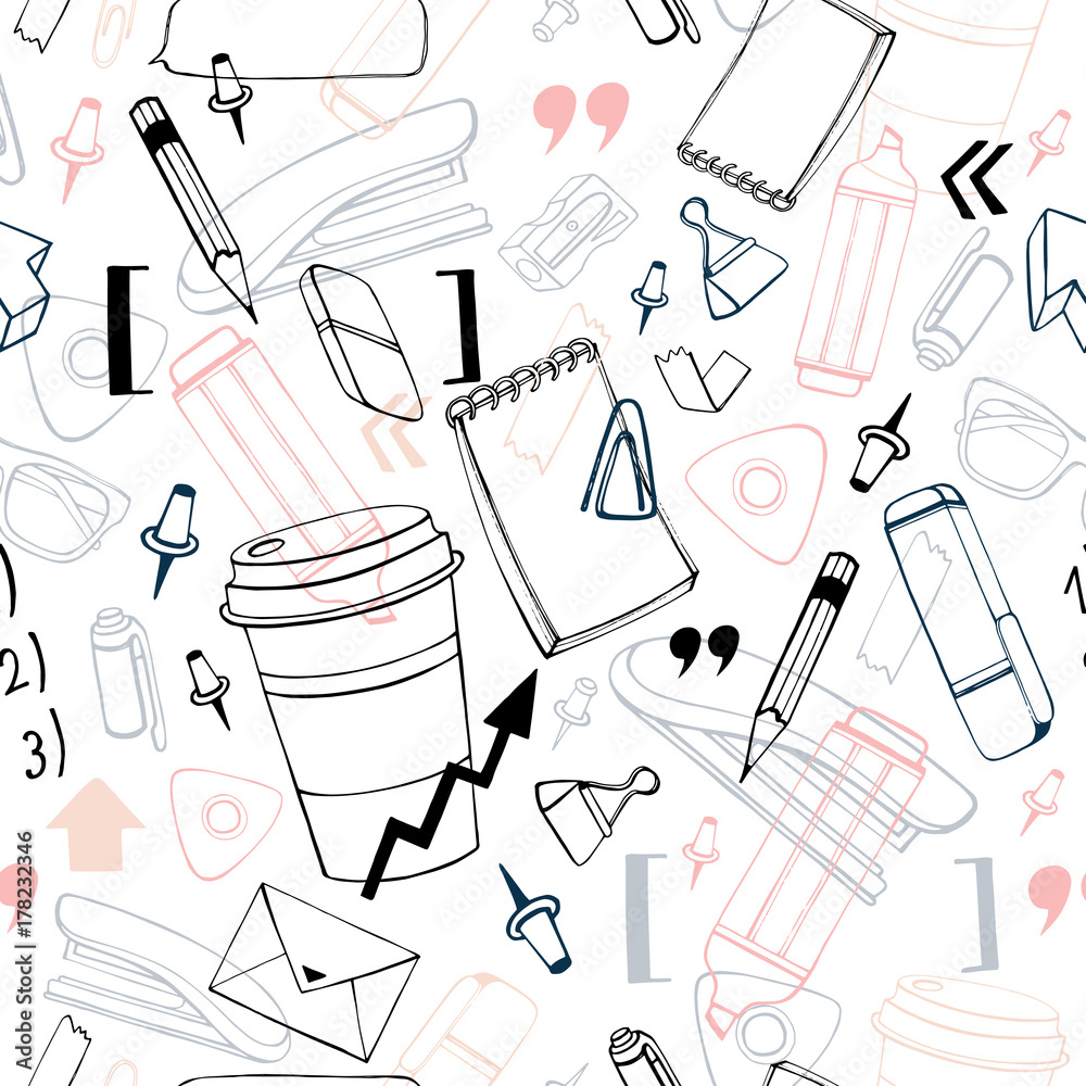 Vector seamless stationery pattern. Hand drawn black & white background ...