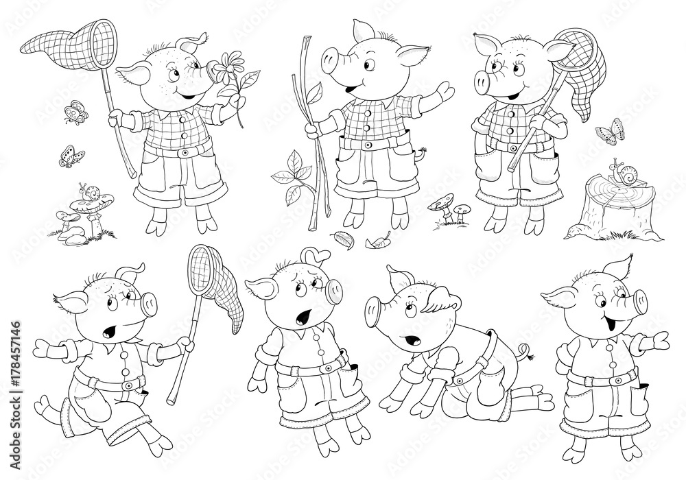 Three little pigs. A cute pig. Fairy tale. Coloring book. Coloring page ...
