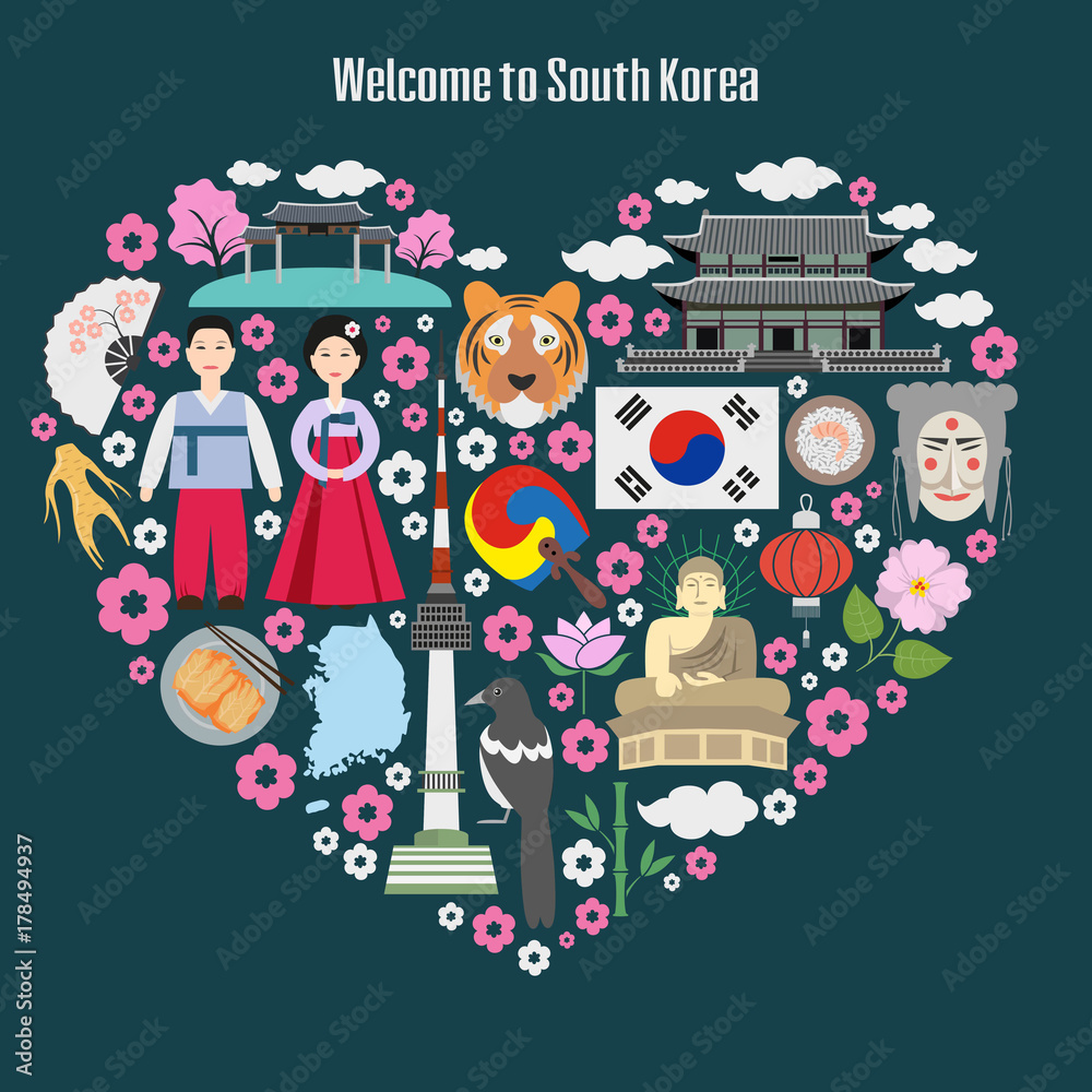 Colorful poster with symbols of South Korea. Stock Vector | Adobe Stock