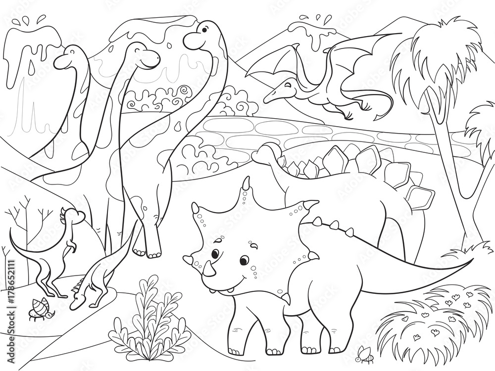 Cartoon Coloring for children dinosaurs in nature. Black and white ...