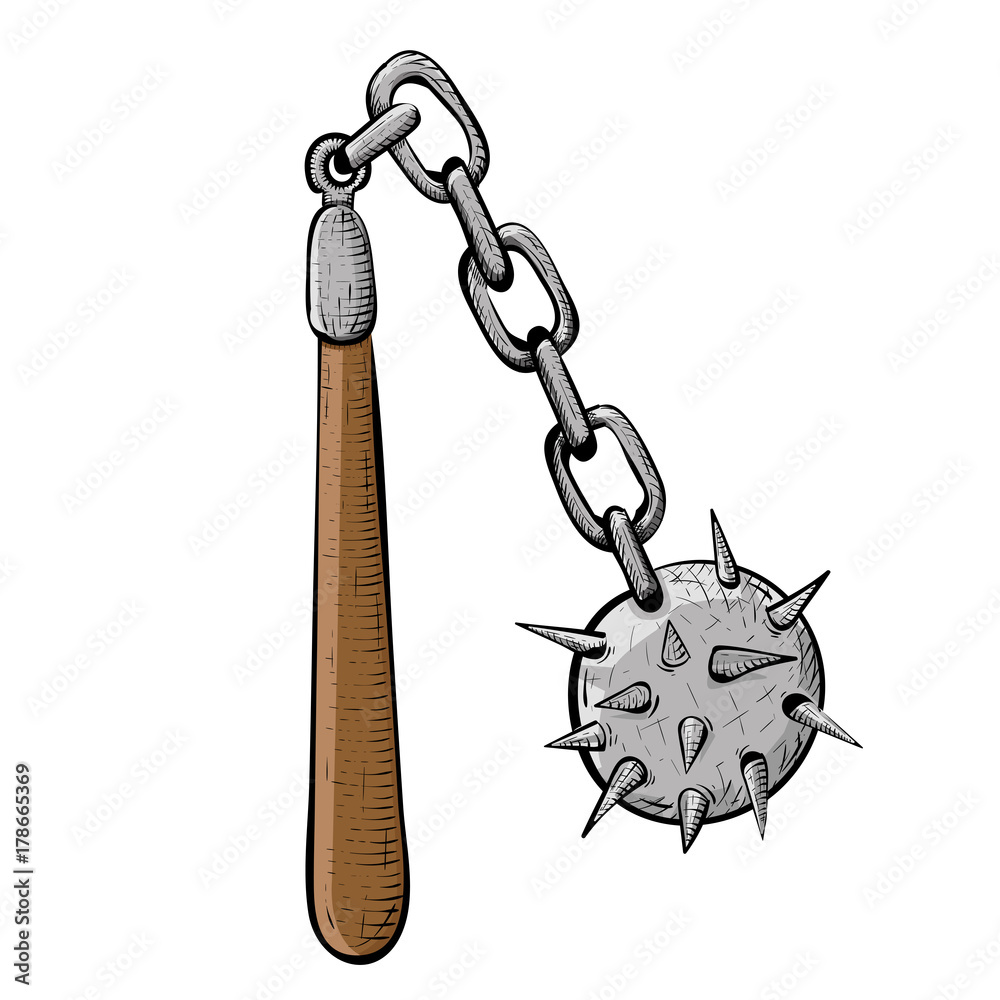Flail. Medieval weapon - spiked metal ball with chain and wooden handle ...