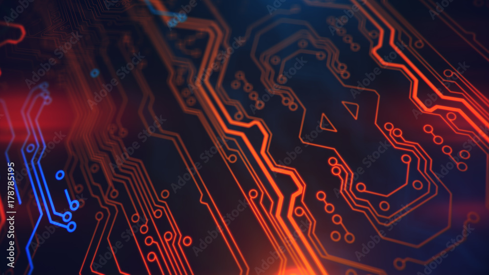 Orange, yellow, blue, background with digital integrated network ...