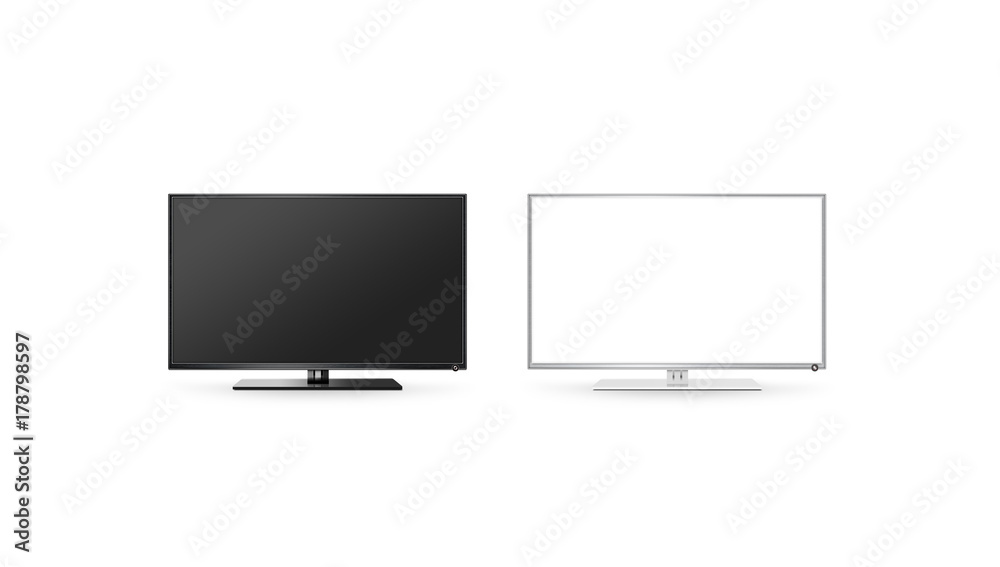 TV lcd flat screen mock up isolated, black and white set, 3d rendering ...