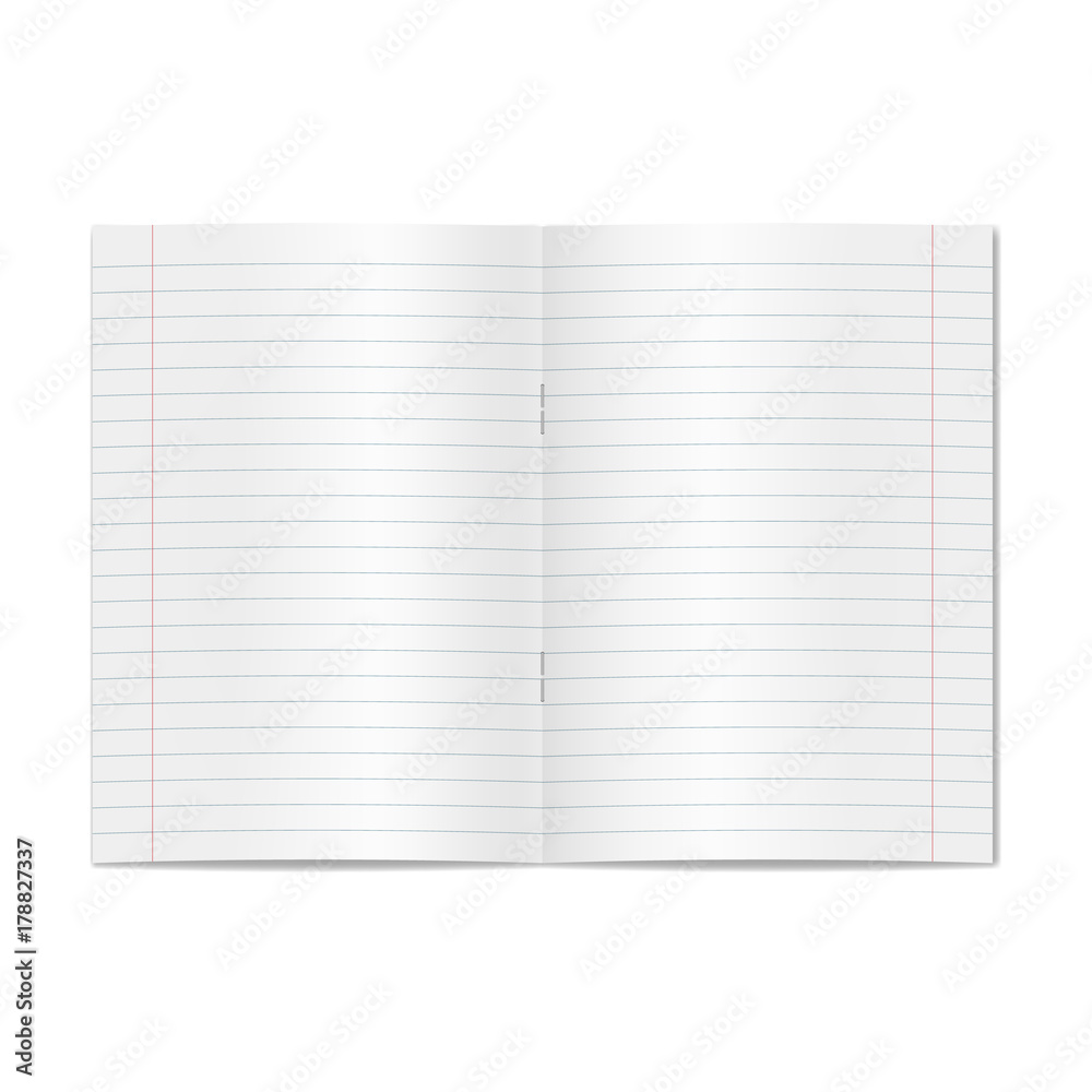 Vector opened realistic lined ruled school copybook with red margins ...