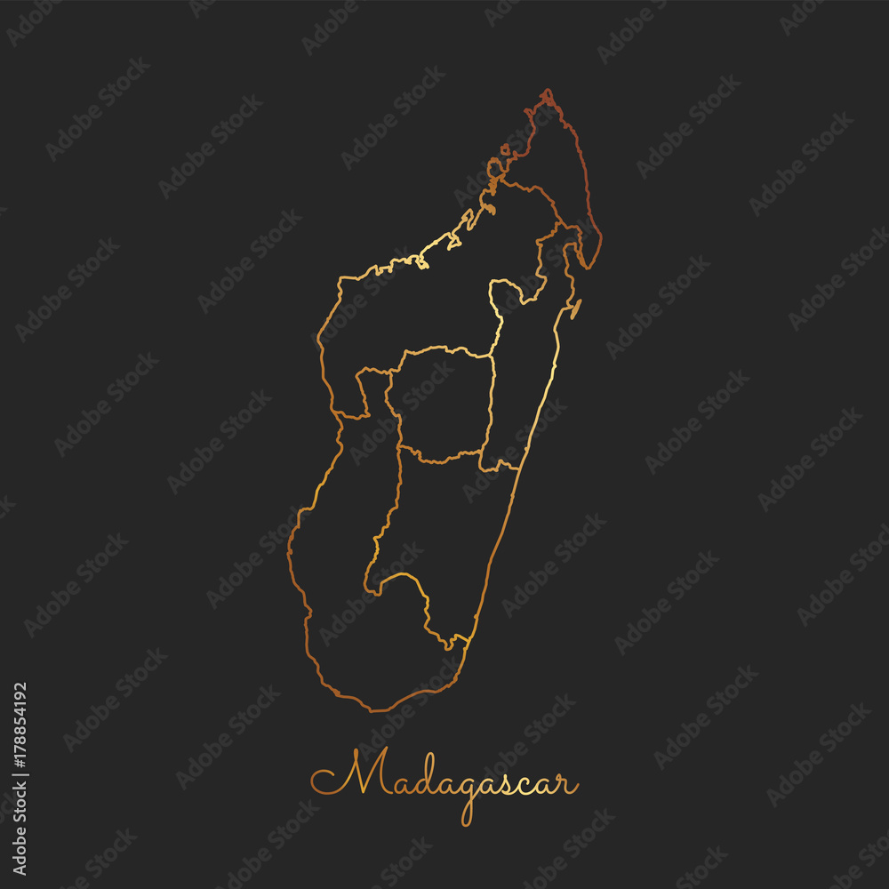 Madagascar region map: golden gradient outline on dark background ...