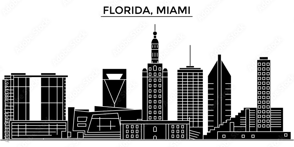 Usa, Florida Miami architecture skyline, buildings, silhouette, outline ...