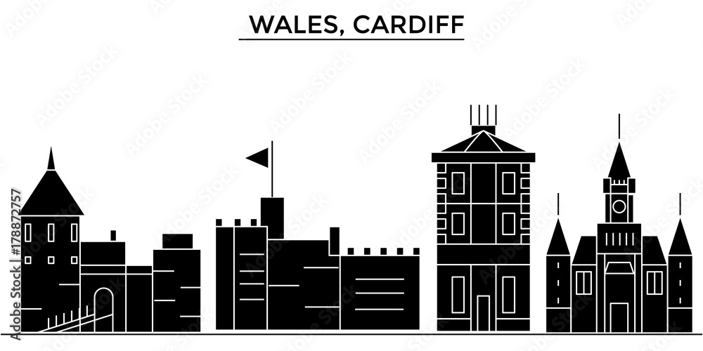 Wales, Cardiff architecture skyline, buildings, silhouette, outline ...