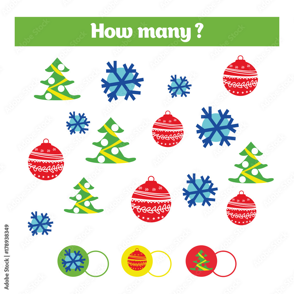 Counting educational children game, kids activity sheet. How many objects task. Learning ...