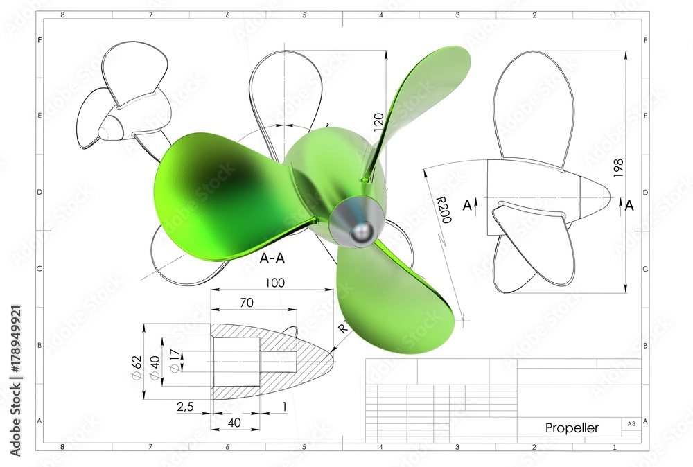 3d illustration of boat propeller above engineering drawing Stock ...