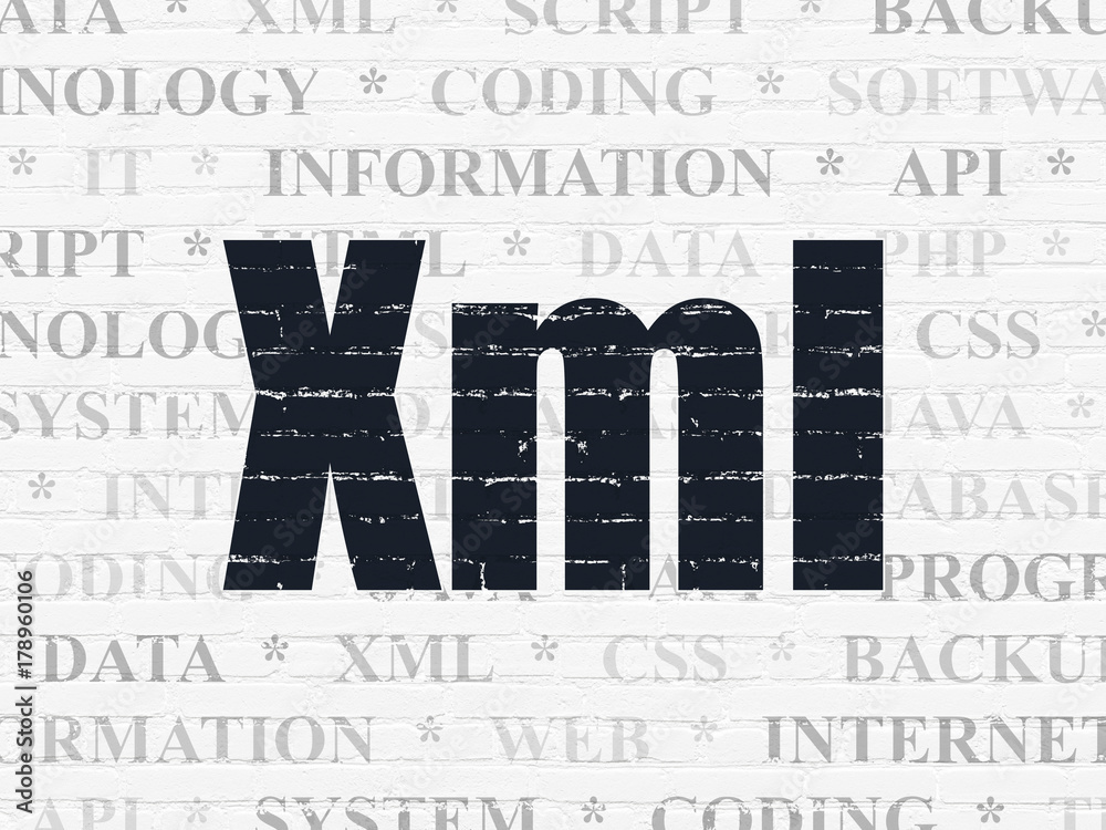 Software concept: Painted black text Xml on White Brick wall background with Tag Cloud Stock ...