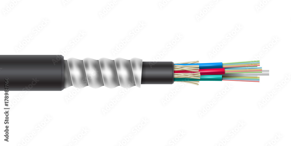 Fiber optic jacketed cable with interlocking armor structure. Vector ...