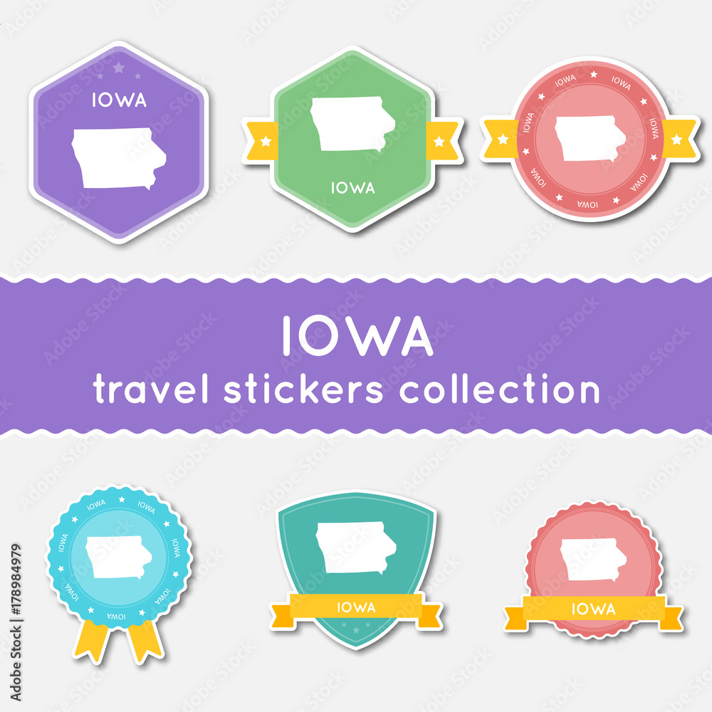 Iowa travel stickers collection. Big set of stickers with US state map ...