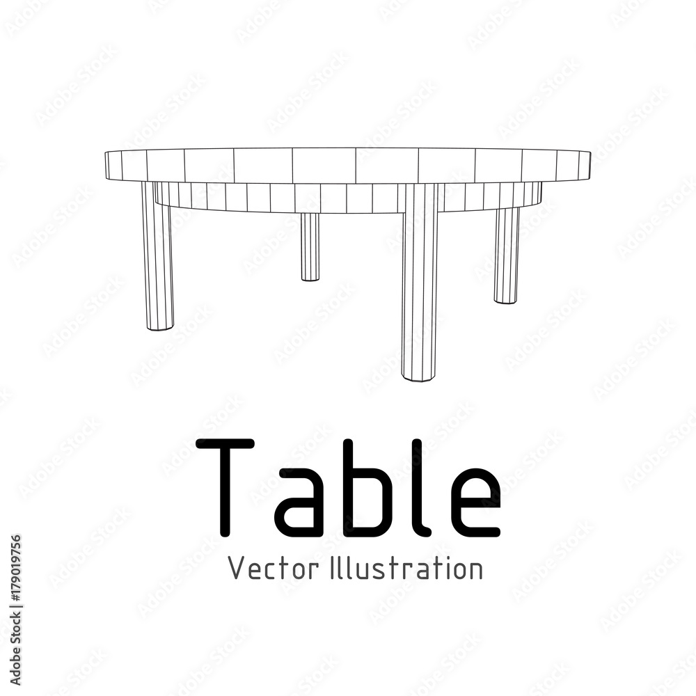 Round Table furniture wireframe blueprint. Linear outline pedestal ...