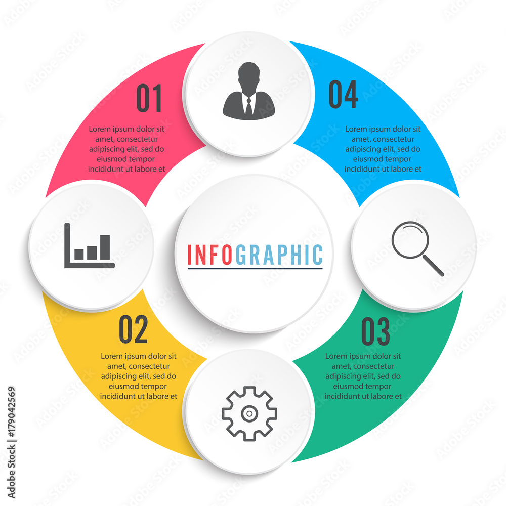 Vector infographic circle template with 4 steps, parts, options, sectors, stages. Can be used ...