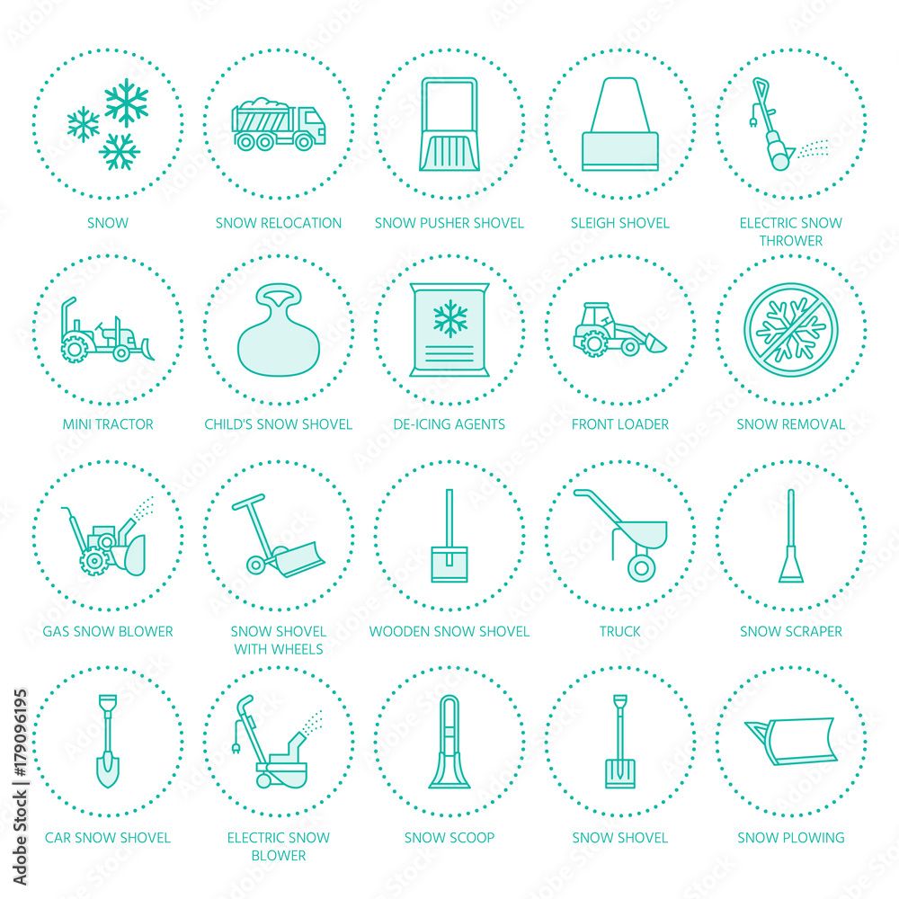Snow removal flat line icons. Ice relocation service signs. Cold ...