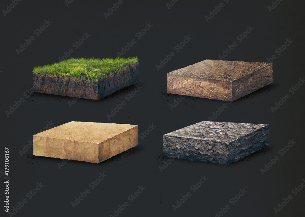 Soil layers. Four cross section soil layers. 3D illustration isolated ...