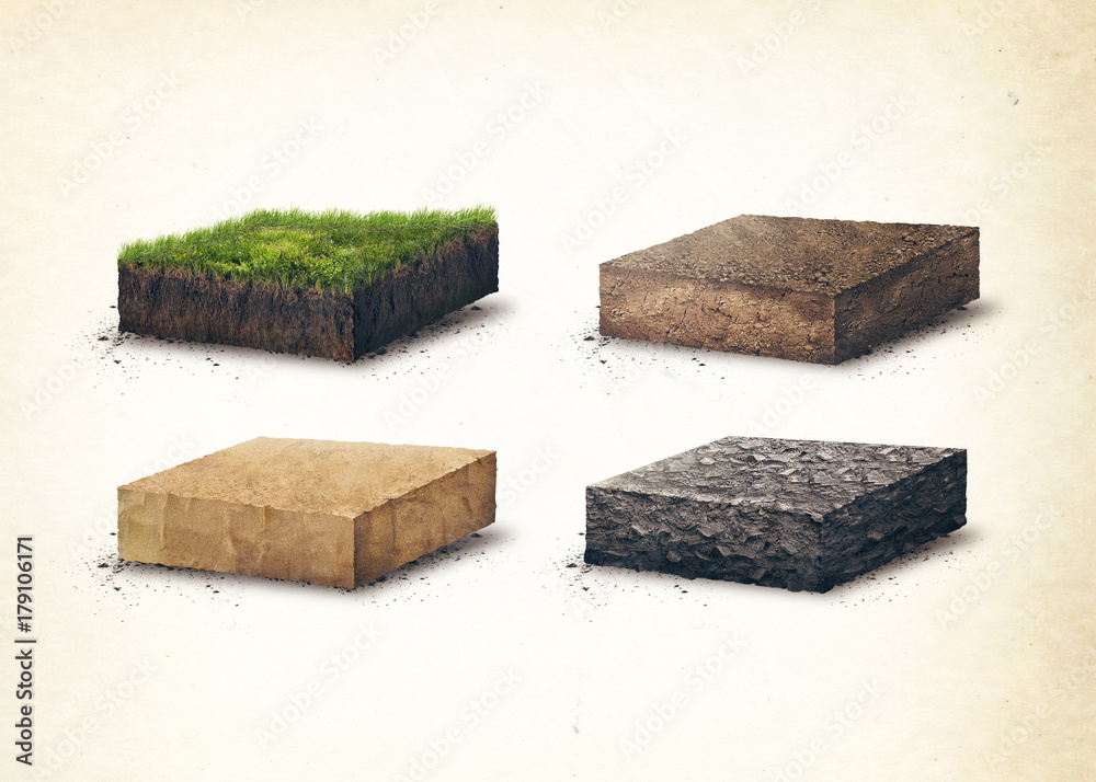 Soil layers. Four cross section soil layers. 3D illustration isolated ...