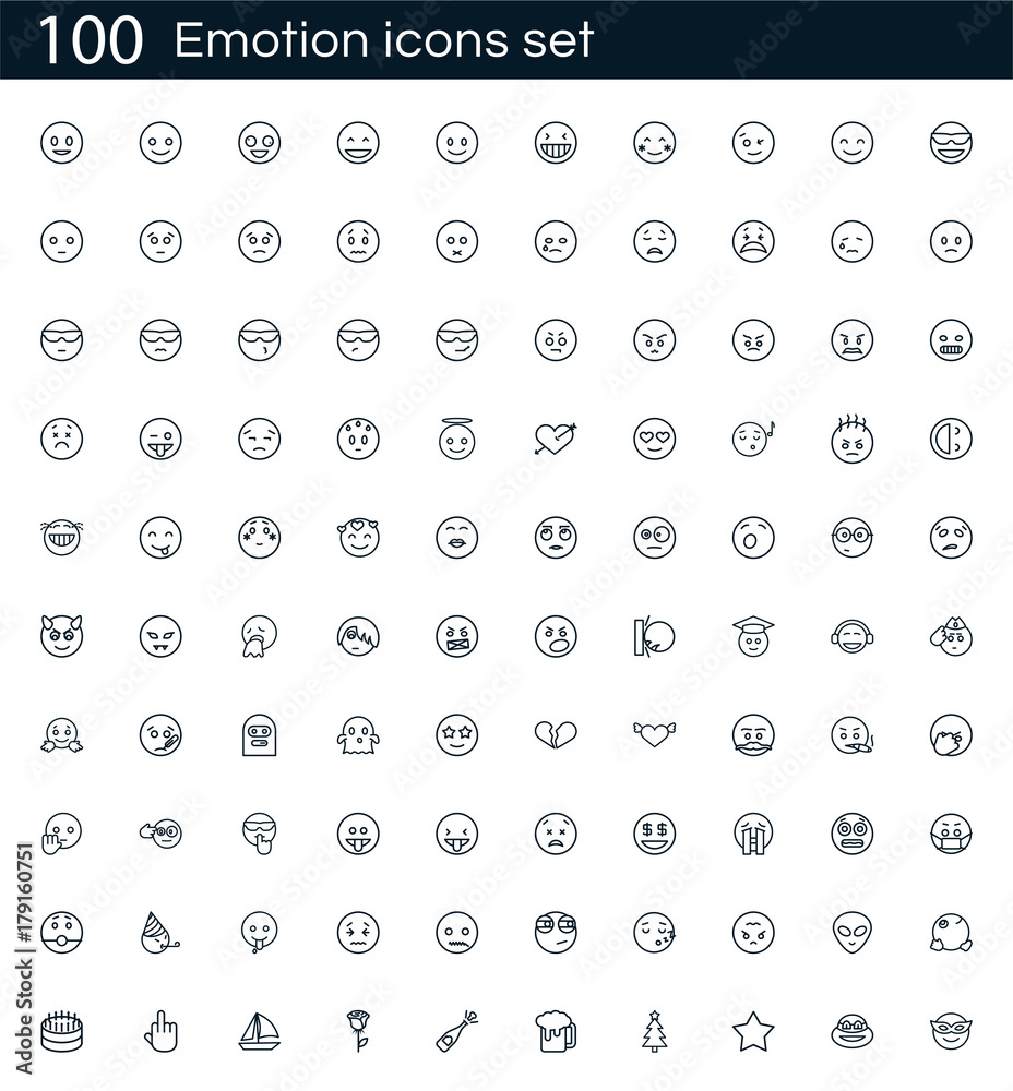 Emotion icon set with 100 vector pictograms. Simple outline smile icons ...