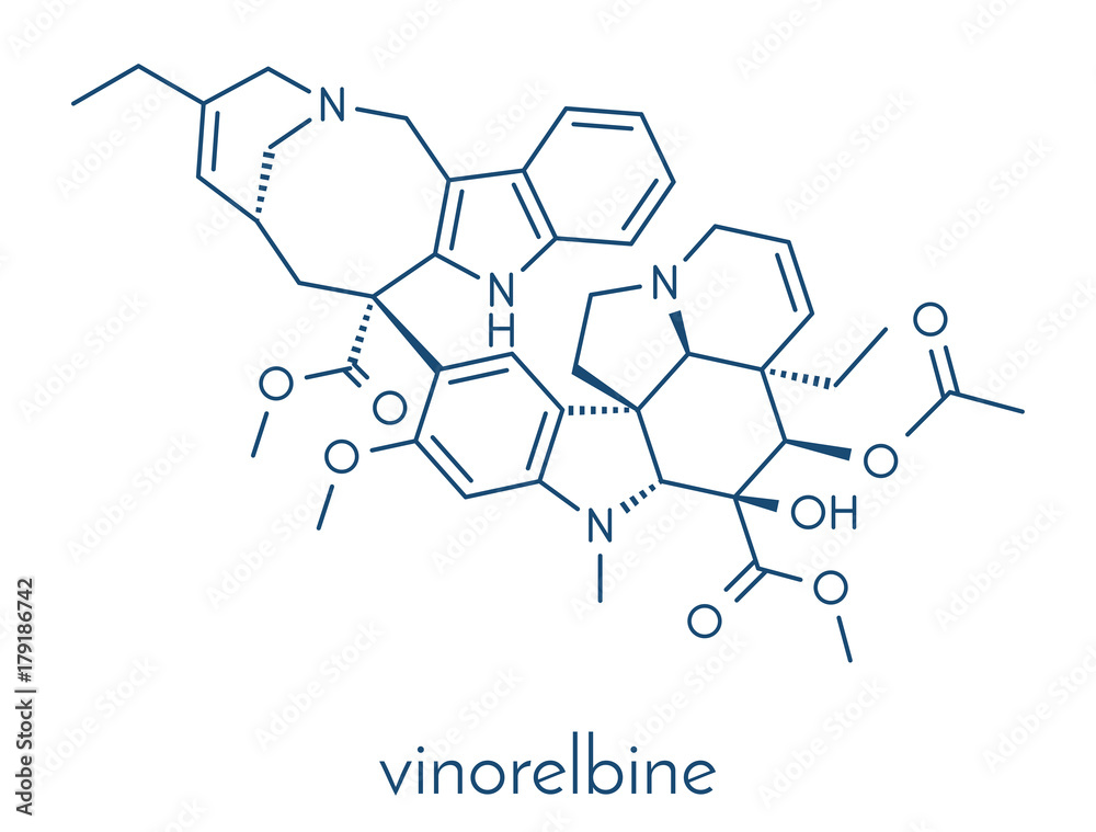 Vinorelbine (NVB) cancer chemotherapy drug molecule. Skeletal formula ...